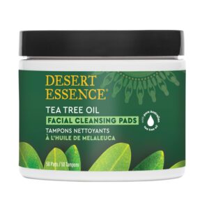 desert essence tea tree oil facial cleansing pads - makeup remover, facial cleanser & toner with organic lavender & chamomile - travel-friendly personal wipes for clarifying skin care - 50 pads