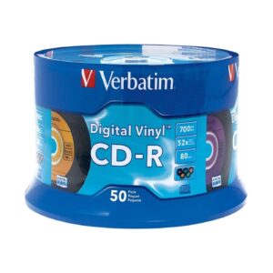 verbatim cd-r blank discs 700mb 80min 52x recordable disc for data and music with digital vinyl surface - 50pk spindle blue/green/orange/pink/purple