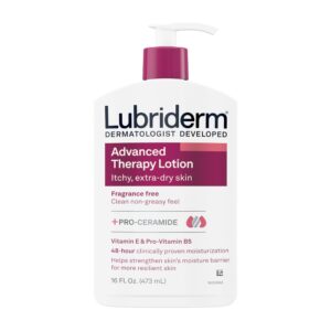 lubriderm advanced therapy fragrance free moisturizing hand & body lotion + pro-ceramide with vitamins e & pro-vitamin b5, intense hydration for itchy, extra dry skin, non-greasy, 16 fl. oz