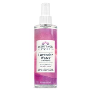 heritage store lavender water mist, face and body spray, pillow spray, room spray, calms and balances skin and spaces, soothing lavender scent, made without parabens, vegan, cruelty free, 8oz