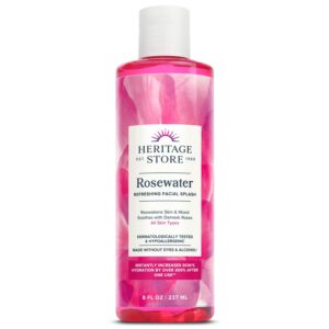 heritage store rosewater - refreshing facial splash for glowing skin with damask rose - all skin types - rose water for face - made without dyes or alcohol, hypoallergenic, vegan, cruelty free, 4oz