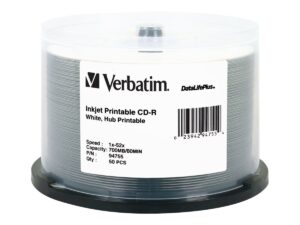 verbatim cd-r 700mb 52x datalifeplus white inkjet printable, hub printable - 50pk spindle - 94755