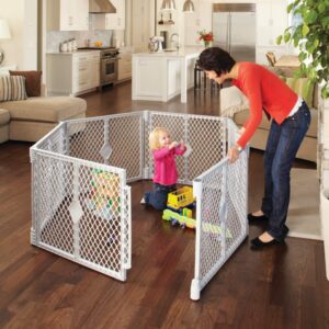 toddleroo by north states superyard classic 6 panel baby play yard, made in usa: safe play area anywhere. carrying strap for easy travel. freestanding. 18.5 sq. ft. enclosure (26" tall, gray)