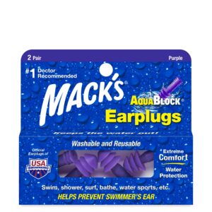 mack's aquablock swimming earplugs, 2 pair - comfortable, waterproof, reusable silicone ear plugs for swimming, snorkeling, showering, surfing and bathing (purple)