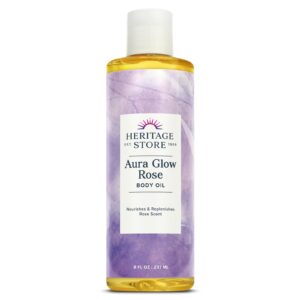 heritage store aura glow rose body oil, luxurious body moisturizer for dry skin, massage oil, bath and shower oil, carrier oil for essential oils and aromatherapy, rose scent, 60-day guarantee, 8oz