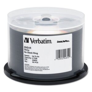 verbatim dvd-r 4.7gb 8x datalifeplus shiny silver silk screen printable - 50pk spindle