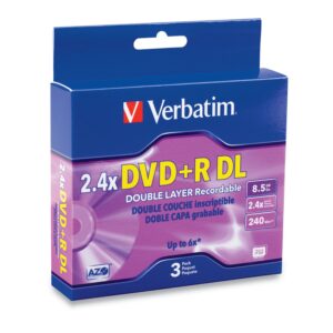 verbatim 8.5 gb 2.4x double layer recordable disc dvd+r dl, 3-disc jewel cases 95014