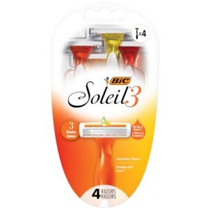 bic soleil smooth women's disposable razors, 3 blades with moisture strip for a silky smooth shave, 4 count (pack of 6) (24 razors)