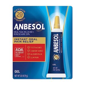 anbesol maximum strength oral pain relief gel, instant pain relief for toothache pain, canker sores, sore gums, mouth sores, denture pain, and aligner pain, ada accepted, 0.33 oz (packaging may vary)