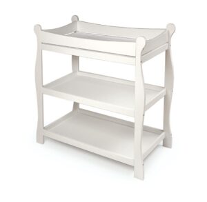 badger basket sleigh style baby changing table with pad, nursery furniture with storage - white