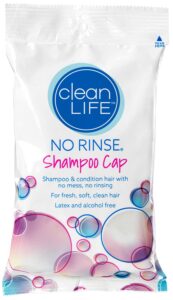 no-rinse shampoo cap by cleanlife products, shampoo and condition hair with no water or rinsing - microwaveable, rinse-free, latex-free and alcohol-free