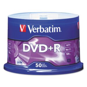 verbatim dvd+r blank discs azo dye 4.7gb 16x recordable disc - 50 discs spindle,silver