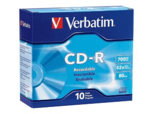 verbatim cd-r recordable disc, 700 mb/80 min, 52x, slim jewel case, silver, 10/pack