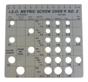 screw chek'r metric screw thread size gauge no. 2 (8mm to 14mm) 1/8 inch heavy gauge steel screw checker, made in usa, chrome, 02130