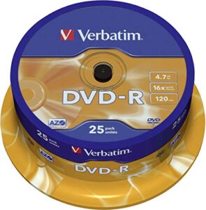 verbatim dvd-r discs 25 spindle pack, bulk pack 25 x dvd-r blank discs with azo protection against uv, 16x speed, 4.7 gb