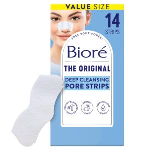 bioré original blackhead remover strips, deep cleansing nose strips with instant pore unclogging, features c-bond technology, oil-free, non-comedogenic use, 14 count