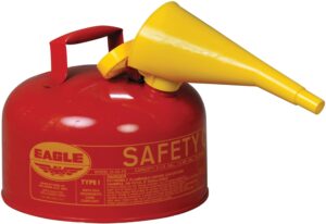 eagle 2 gallon type i red safety gas can for gasoline with flame arrester, self-closing lid, and f-15 funnel, made in the usa, galvanized steel flammable storage can, ui20fs