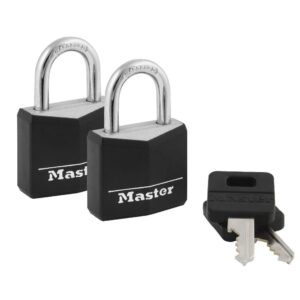 master lock 131t covered aluminum padlocks, 2 pack, keyed alike, black, 2 count