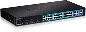 trendnet 28-port 10/100mbps web smart poe+ switch, 20 x poe ports, 4 x poe+ ports, 2 x gigabit ports, 2 x shared gigabit ports (rj-45 or sfp), rack mountable, lifetime protection, black, tpe-224ws