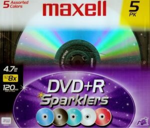 maxell dvd+r sparklers 5 assorted colors 4.7gb 8x 120min