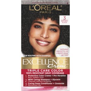 l'oreal paris excellence creme permanent triple care hair color, 3 natural black, gray coverage for up to 8 weeks, all hair types, pack of 1