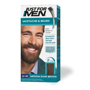 just for men mustache & beard, beard dye for men with brush included for easy application, with biotin aloe and coconut oil for healthy facial hair - medium-dark brown, m-40, pack of 1