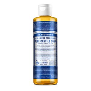 dr. bronner's - pure-castile liquid soap (peppermint, 8 ounce) - made with organic oils, 18-in-1 uses: face, body, hair, laundry, pets and dishes, concentrated, vegan, non-gmo