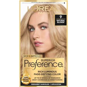 l'oreal paris superior preference fade-defying + shine permanent hair color, 9 natural blonde, pack of 1, hair dye