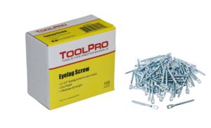 100 pack, toolpro 3 inch eye lag screws, zinc plated carbon steel construction screws for use with attaching hanger wire to ceiling joists.