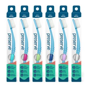 preserve eco friendly adult toothbrushes, made in the usa from recycled plastic, ultra soft bristles, paperboard package, colors vary, 6 count (medium)