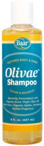 baar olivae shampoo organic olive oil formula nourishes hair while cleaning. aloe vera, jojoba oil, and proteins repair damaged hair, help thicken, and adds body to all hair types. 8 ounces.