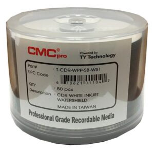 cmc pro - powered by ty technology watershield glossy white inkjet hub 48x 80 minute/700mb cd-rs in 50 disc cake box spindle