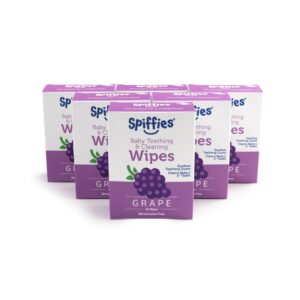 spiffies baby oral care tooth wipes - gum & teeth wipe tissues for teething relief & cleaning infant & toddler teeth - baby tooth wipes w/xylitol for ages 0-12 months & up (grape, 20 count, 6 pack)