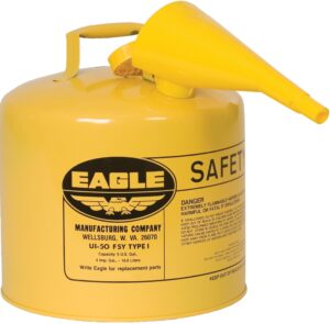 eagle 5 gallon type i yellow safety gas can for diesel with flame arrester, self-closing lid, and f-15 funnel, made in the usa, galvanized steel flammable storage can, ui50fsy