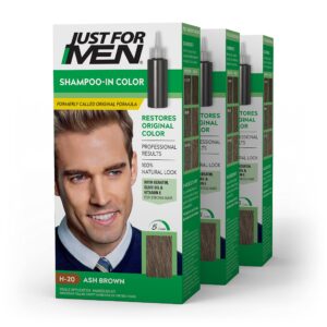 just for men shampoo-in color (formerly original formula), mens hair color with keratin and vitamin e for stronger hair - ash brown, h-20, pack of 3