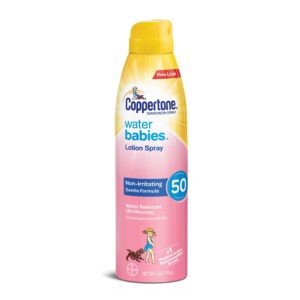 coppertone water babies sunscreen lotion spray spf 50, pediatrician recommended baby sunscreen spray, water resistant sunscreen for babies, 6 oz spray