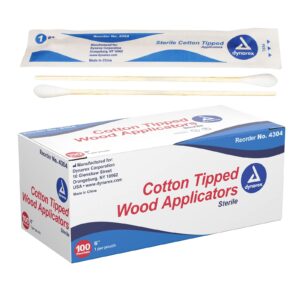 dynarex 6-inch sterile cotton tipped applicators - single-use wooden cotton tip applicators for wound care & dressing, hygiene, makeup, cleaning - 1 box of 100 pouches, 1 per pouch