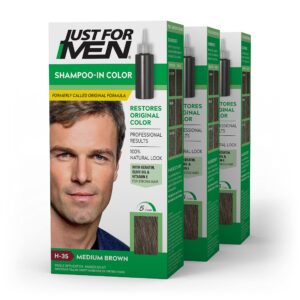 just for men shampoo-in color (formerly original formula), mens hair color with keratin and vitamin e for stronger hair - medium brown, h-35, pack of 3