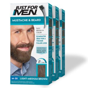 just for men mustache & beard, beard dye for men with brush included for easy application, with biotin aloe and coconut oil for healthy facial hair - light-medium brown, m-30, pack of 3