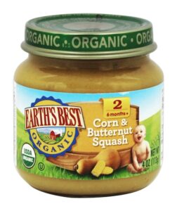 earth's best organic baby food jars, stage 2 vegetable puree for babies 6 months and older, organic corn and butternut squash, 4 oz resealable glass jar