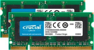 crucial 4gb kit (2gbx2) ddr2 667mhz (pc2-5300) cl5 sodimm 200-pin notebook memory modules ct2kit25664ac667 / ct2cp25664ac667