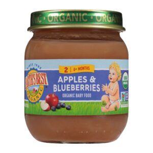 earth's best organic baby food jars, stage 2 fruit puree for babies 6 months and older, organic apples and blueberries, 4 oz resealable glass jar