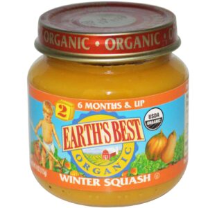 earth's best organic baby food jars, stage 1 vegetable puree for babies 4 months and older, organic winter squash, 4 oz resealable glass jar