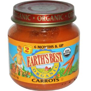 earth's best organic baby food jars, stage 1 vegetable puree for babies 4 months and older, organic carrots, 4 oz resealable glass jar