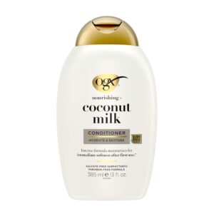 ogx nourishing + coconut milk conditioner, hydrating & restoring conditioner moisturizes for soft hair after the first use, parabens-free, sulfate-free surfactants, 13 fl. oz