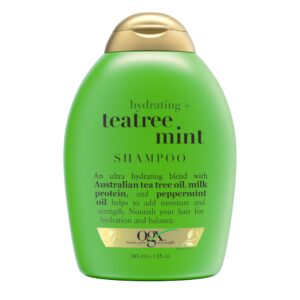 ogx nourishing & invigorating shampoo with tea tree oil, peppermint oil & milk proteins - hydrating for scalp, paraben-free & sulfate-free, 13 fl oz