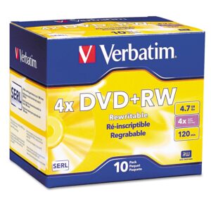 verbatim dvd+rw rewritable disc, 4.7 gb, 4x, slim jewel case, silver, 10/pack