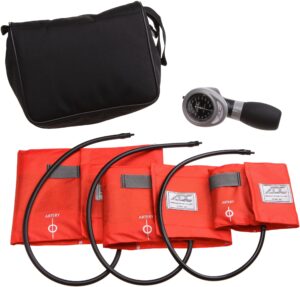 adc - 731or multikuf 731 3-cuff emt kit with 804 portable palm aneroid sphygmomanometer, small adult, adult and large adult blood pressure cuffs (19-50 cm), black nylon zipper storage case, orange