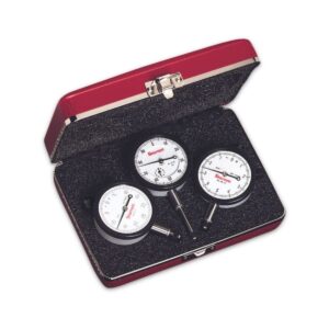 starrett dial indicator set with jewel bearing and case - white face, 025", .125", 1.00" range, 0-5-0, 0-25-0, 0-100 dial reading, .001" graduations - s253z