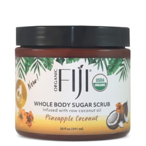 organic fiji whole body scrub - infused with coconut oil, exfoliating sugar scrub for smooth and soft skin, exfoliates & restores skin's natural biosphere, pineapple coconut 20 oz